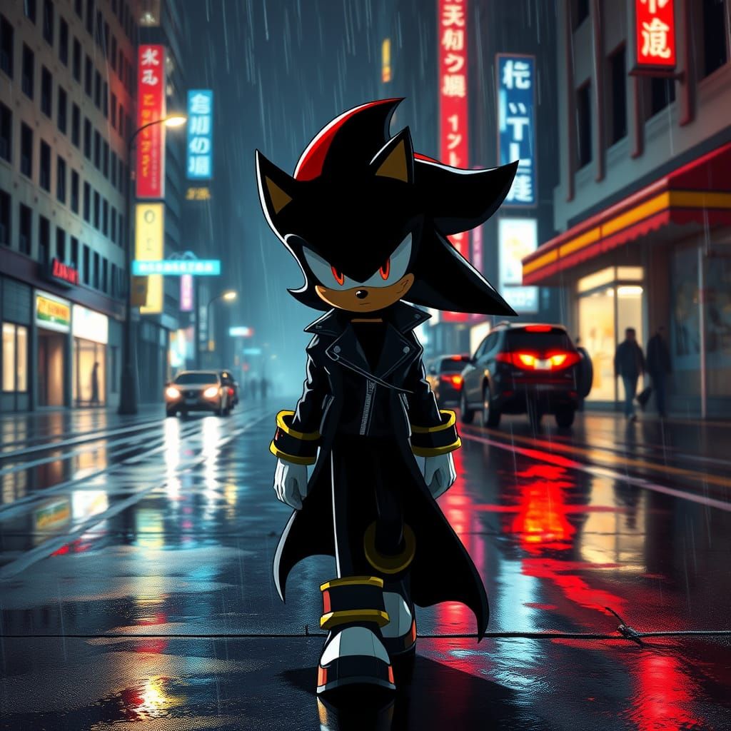 Shadow the Hedgehog Walks Through a Rainy City Nig... - AI Art