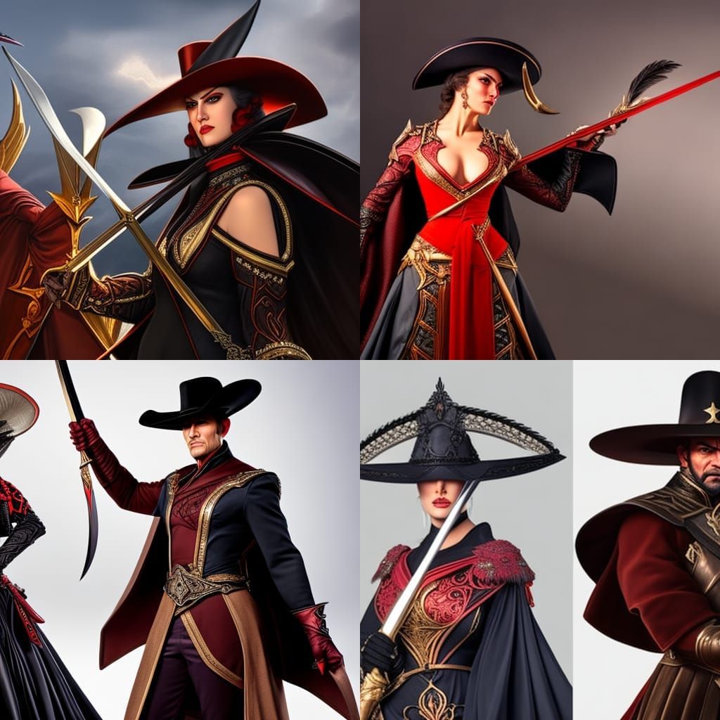 goose crow woman dressed as a matador holding sword looking at a cowboy ...