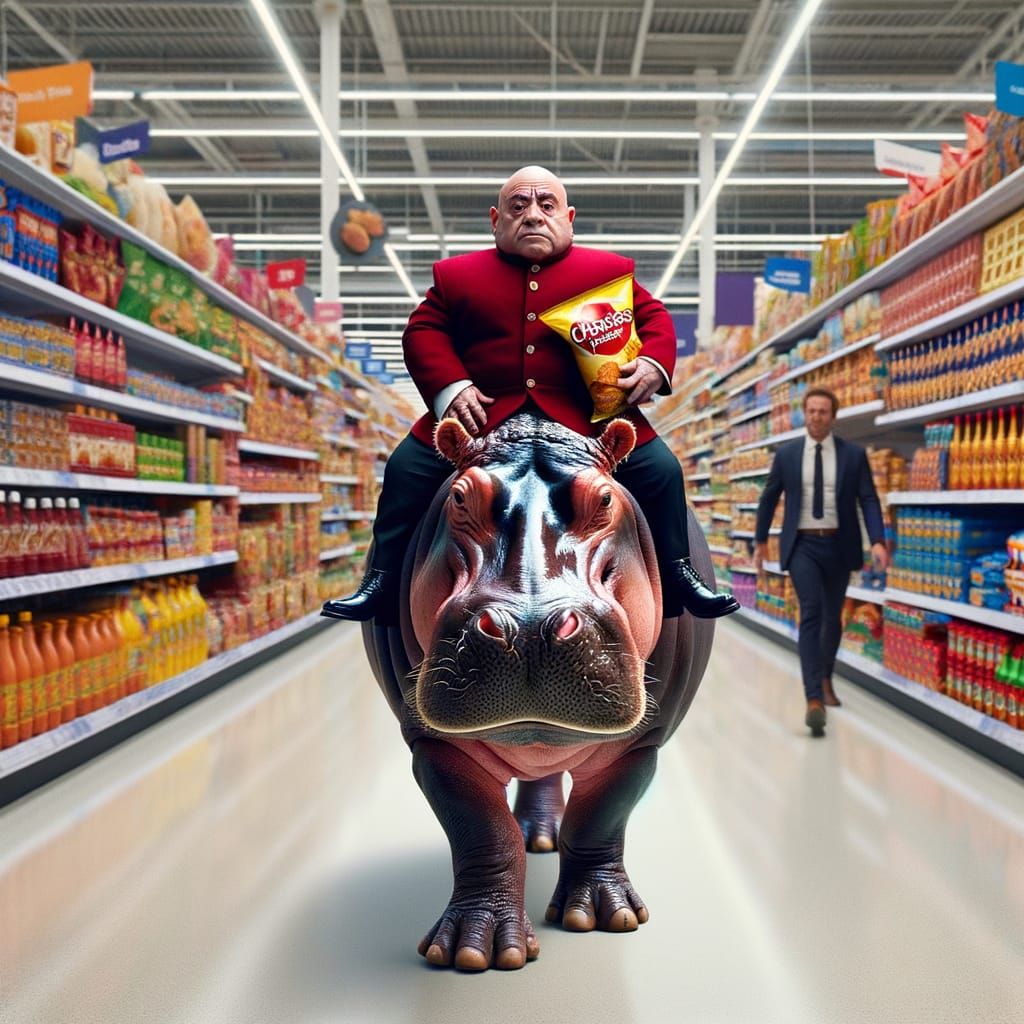 Miniature Man Rides Hippo Through Colorful Walmart... - AI Art