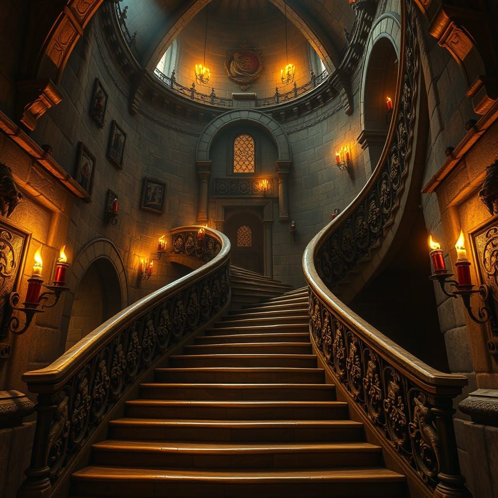 Medieval Castle's Grand, Spiral Staircase in Warm,... - AI Art