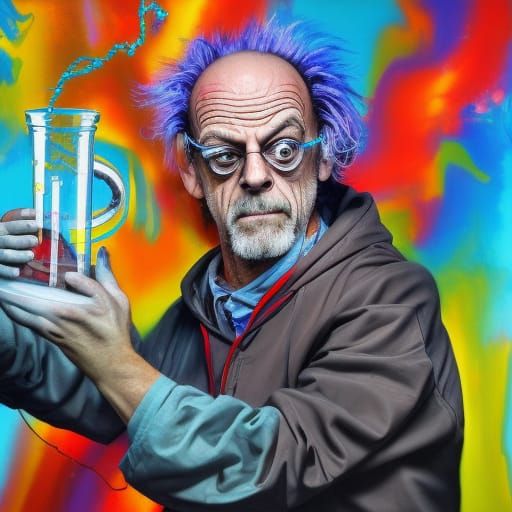 Christopher Lloyd as a mad scientist, holding a beaker in a lab - AI ...