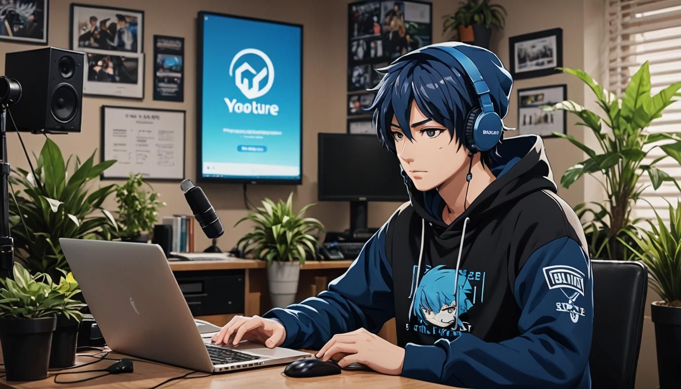 Create a image of 20 years old anime boy sitting in front of computer ...