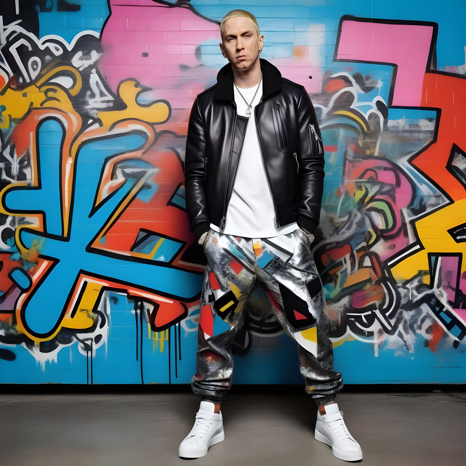 A vibrant portrait of the rapper Eminem, using bright colors and bold ...
