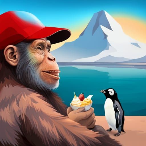 chimp eating icecream with penguins - AI Generated Artwork - NightCafe Creator