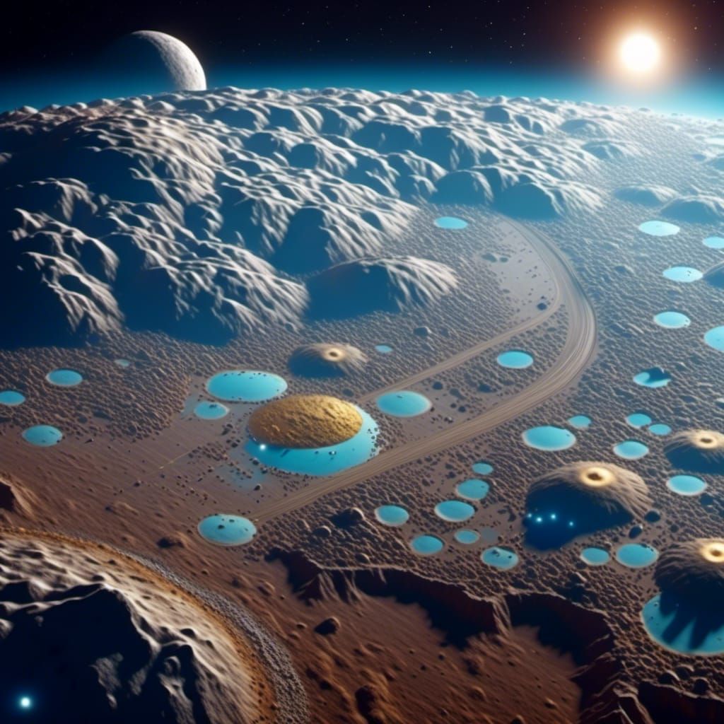 3D map of the surface of the moon, barren, light dust, sun rays ...