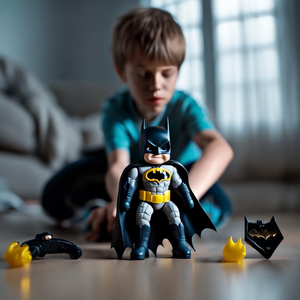 A young boy is playing alone with his plastic batman toy. Hyperdetailed. Volumetric lighting ...