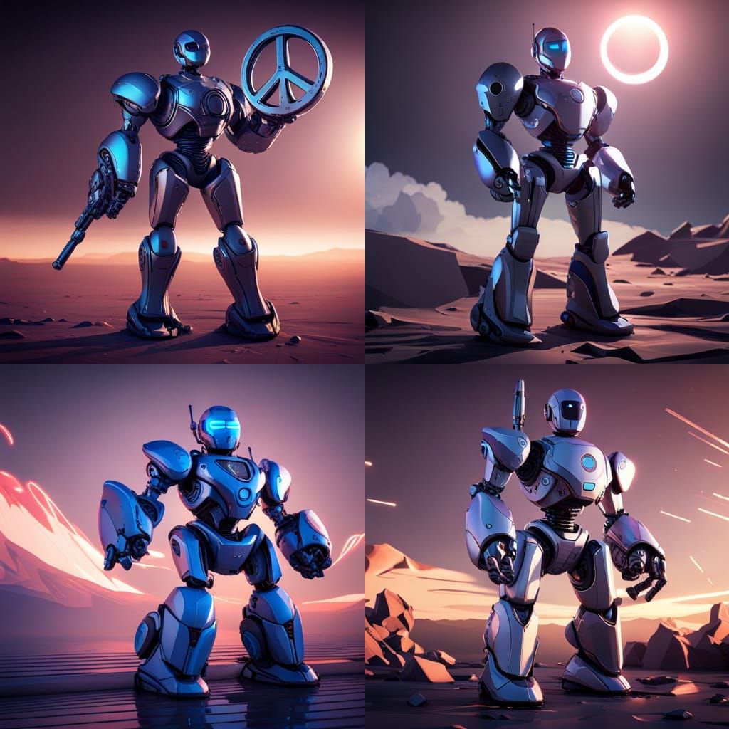 robot holding a peace sign intricate mech details, ground level shot ...