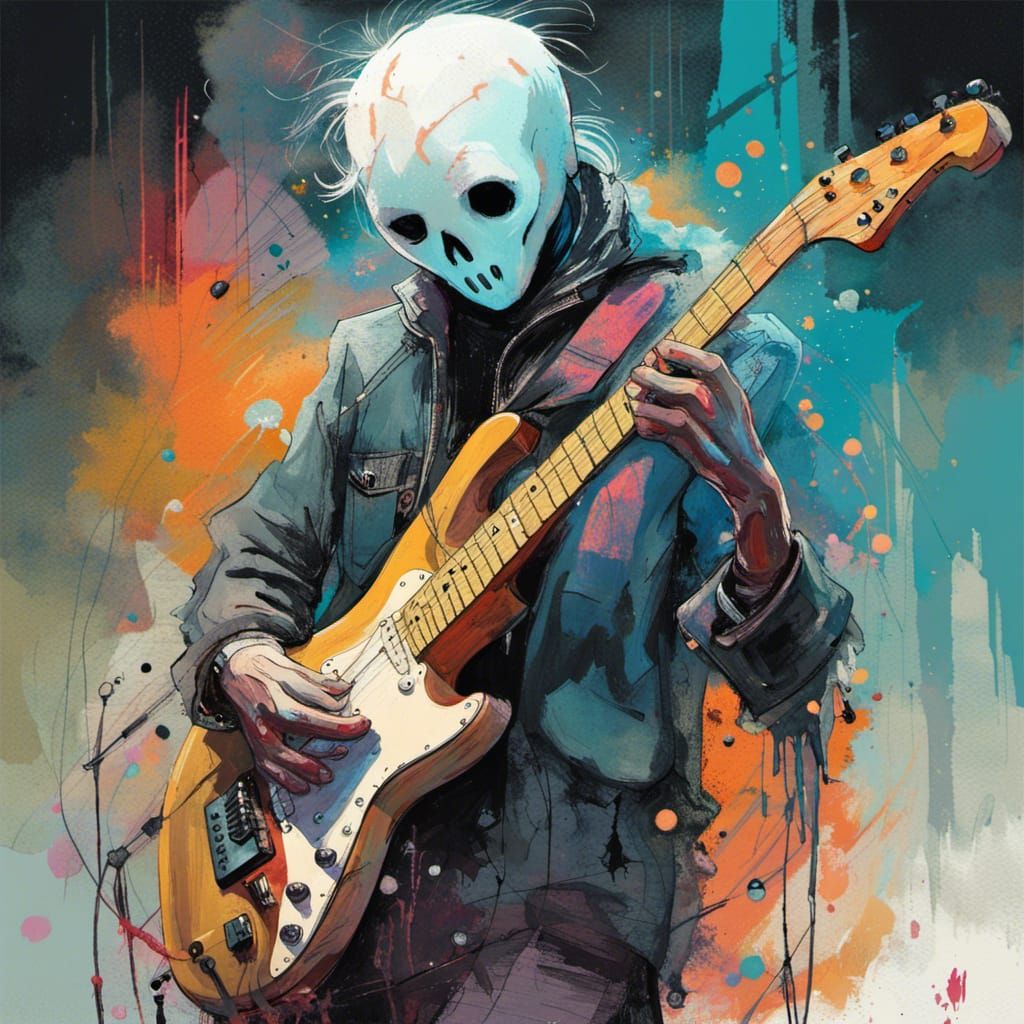 portrait of cute ghost guitar player in ghost rock band on stage at ...
