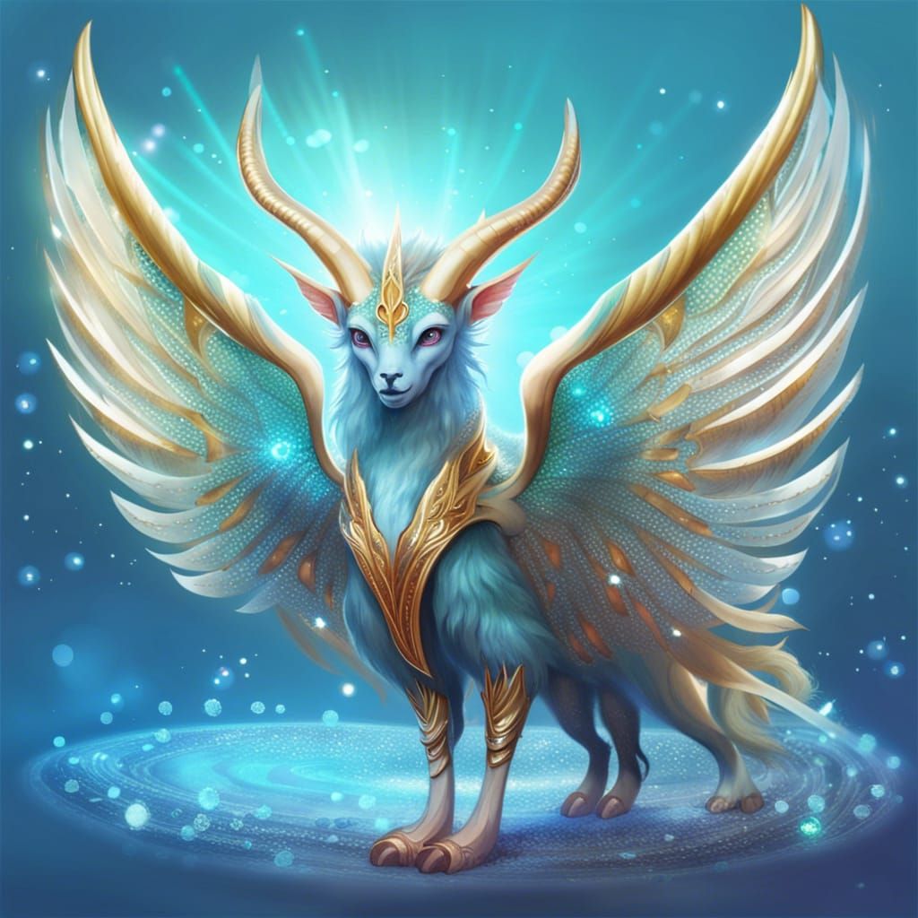 Flying, mythical creature with large shiny wings, ocean eyes, and huge ...