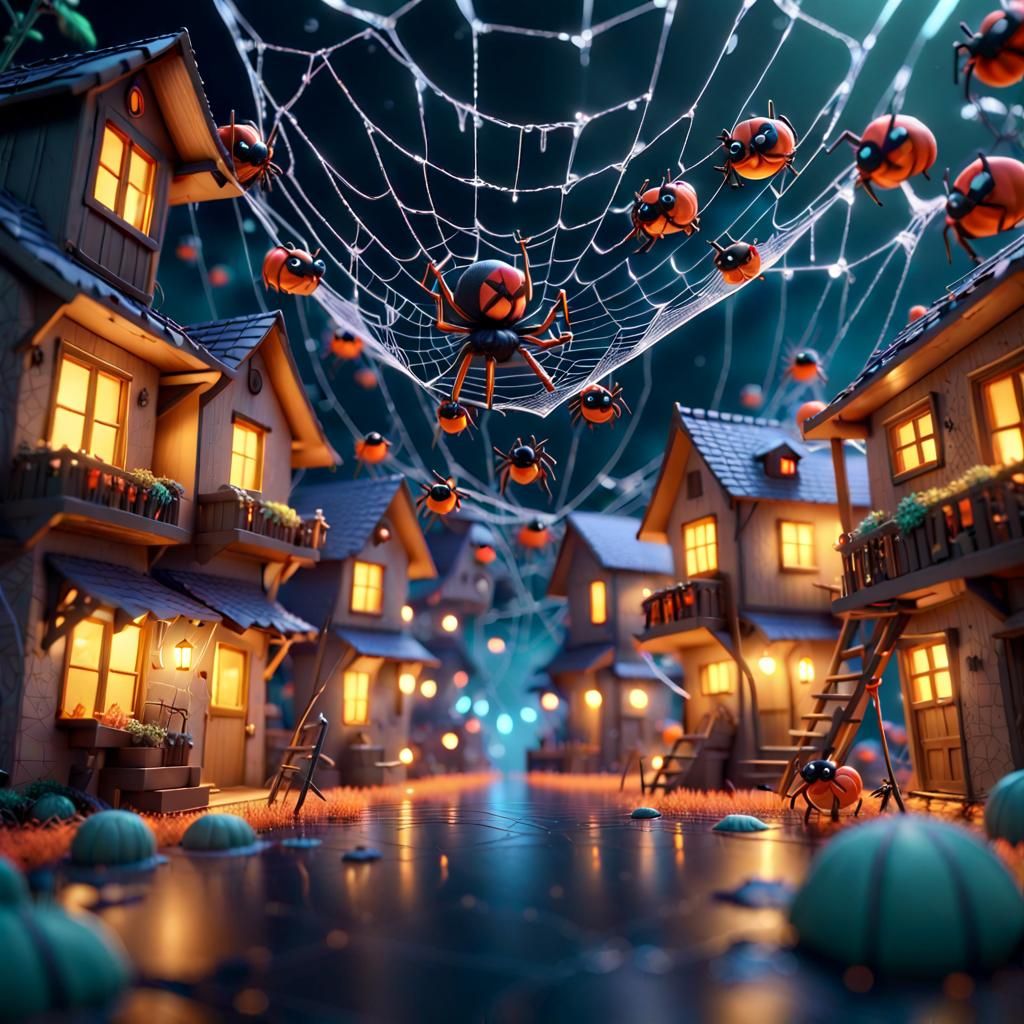Tiny spiders living in a (spiderweb village:1.5), cute, cinematic, 3d ...