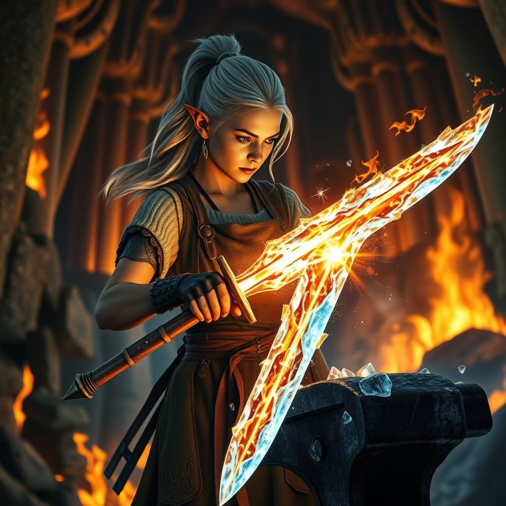 In the heart of a monumental forge, an elven blacksmith hammers a blade ...