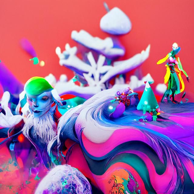 Psychedelic Christmas art, elves dancing around frosty, snow flakes ...