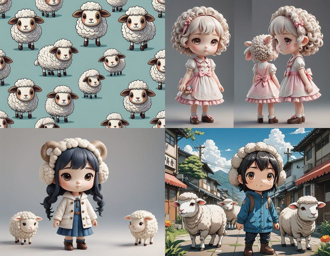 Chibi Sheep in Full Body, Three-View Cartoon in PO... - AI Art