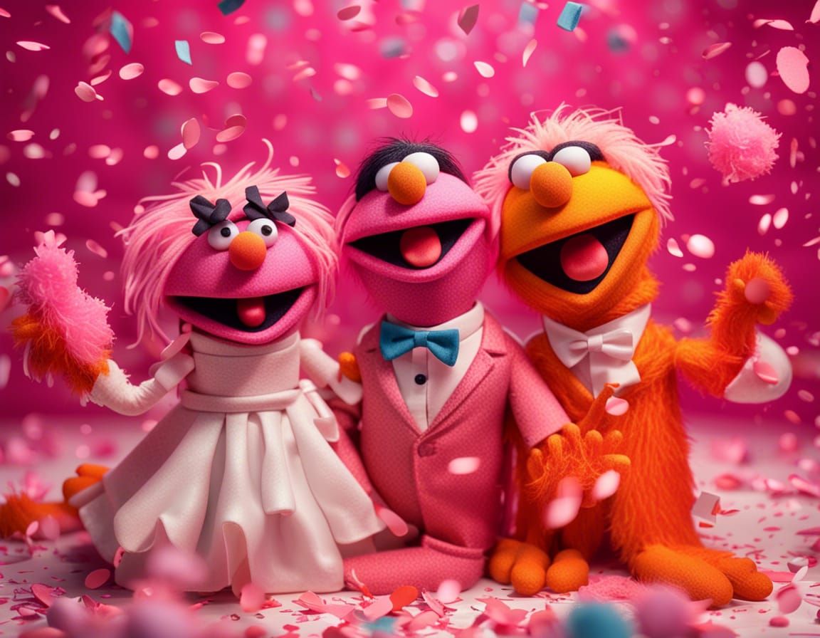 Drone view. Pink and orange muppet style Jim Henson friendly laughing ...