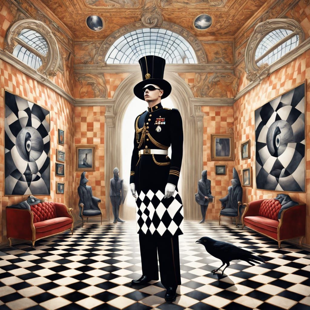 Surrealism, palace guard, waiting room, optical illusion, checkerboard ...