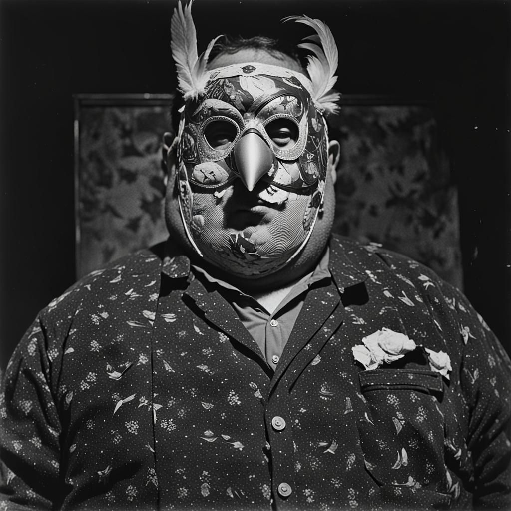 Black and white antique photograph of a short, fat man wearing a bird ...