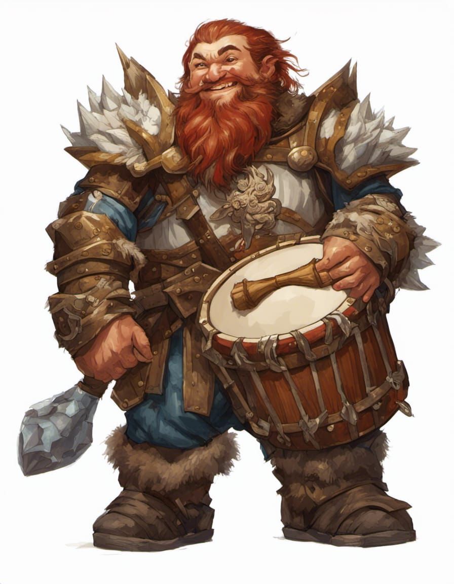 smiling handsome Dwarf bard, in heavy armor with white dragon tabard ...