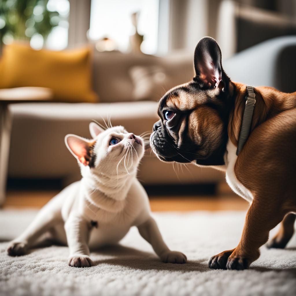A happy frenchie and cat playing in livingroom - AI Generated Artwork ...