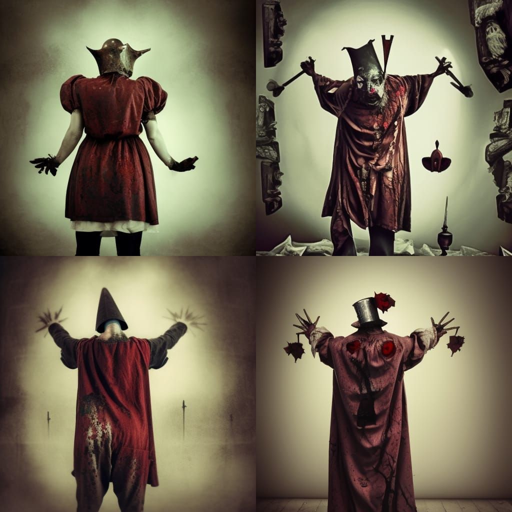 medieval jester, back focus, faceless, mystery, turned, no face, clown ...