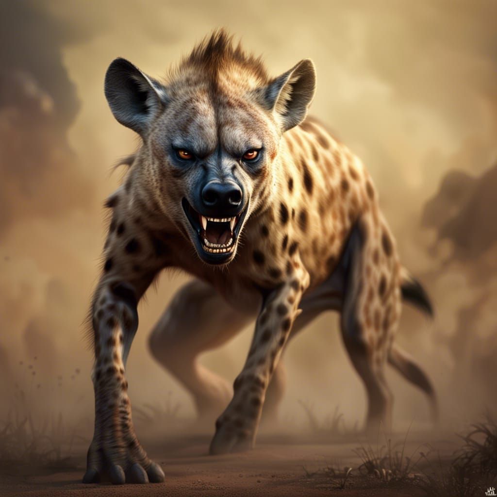 Angry, attacking hyena, fierce expression, snarling, bared teeth ...