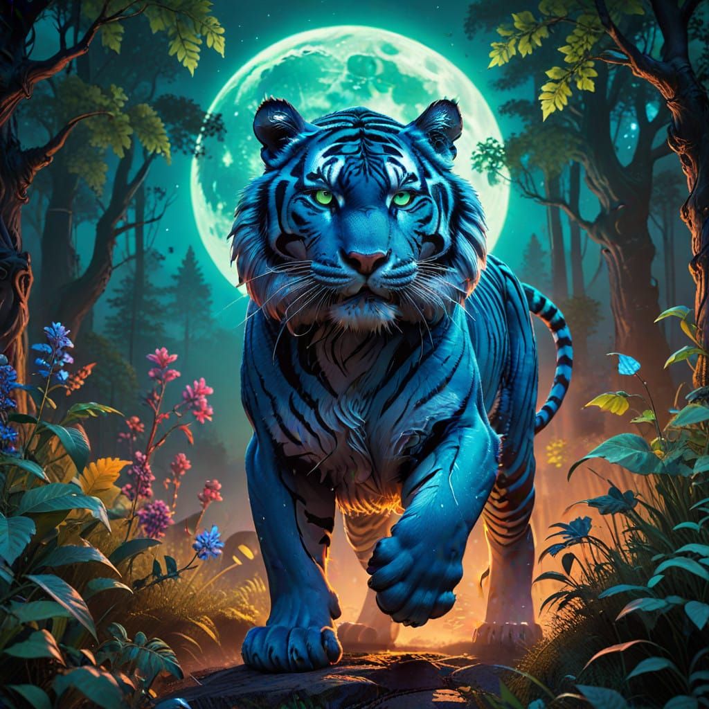 Electric Blue Tiger Unleashed in Moonlit Forest - AI Art