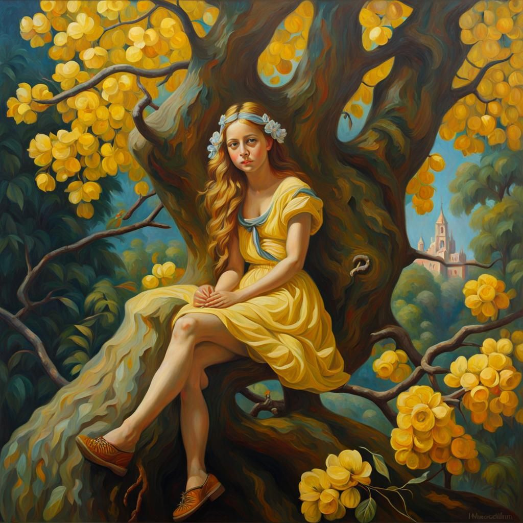 Girl sits on tree, aureolin colour palette - AI Generated Artwork ...