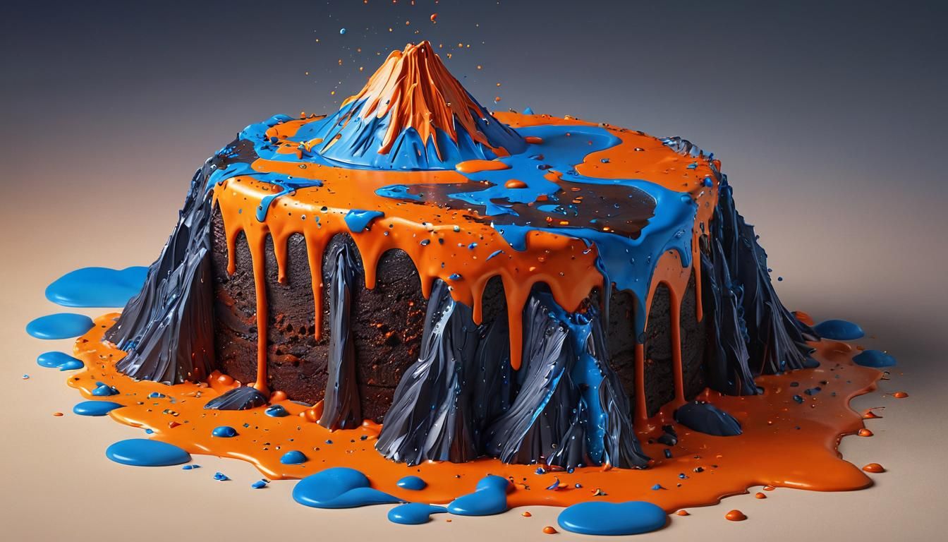 Cake in the shape of a volcano, one slice cut off, inside it's blue ...