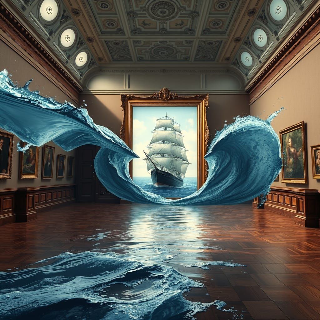 A masterpiece painting of a ship sailing into a museum hall #2