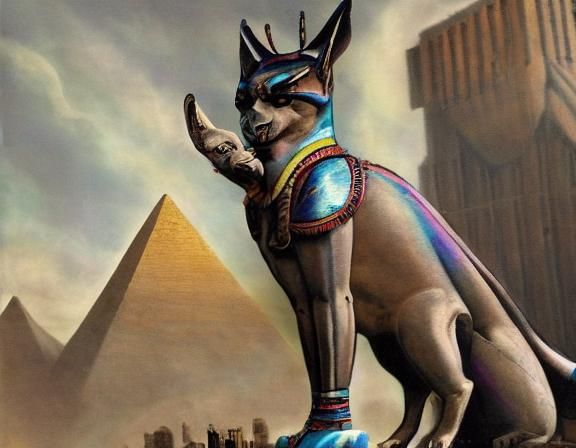 Anubis in giant stature standing next to The Sphynx looking over the ...