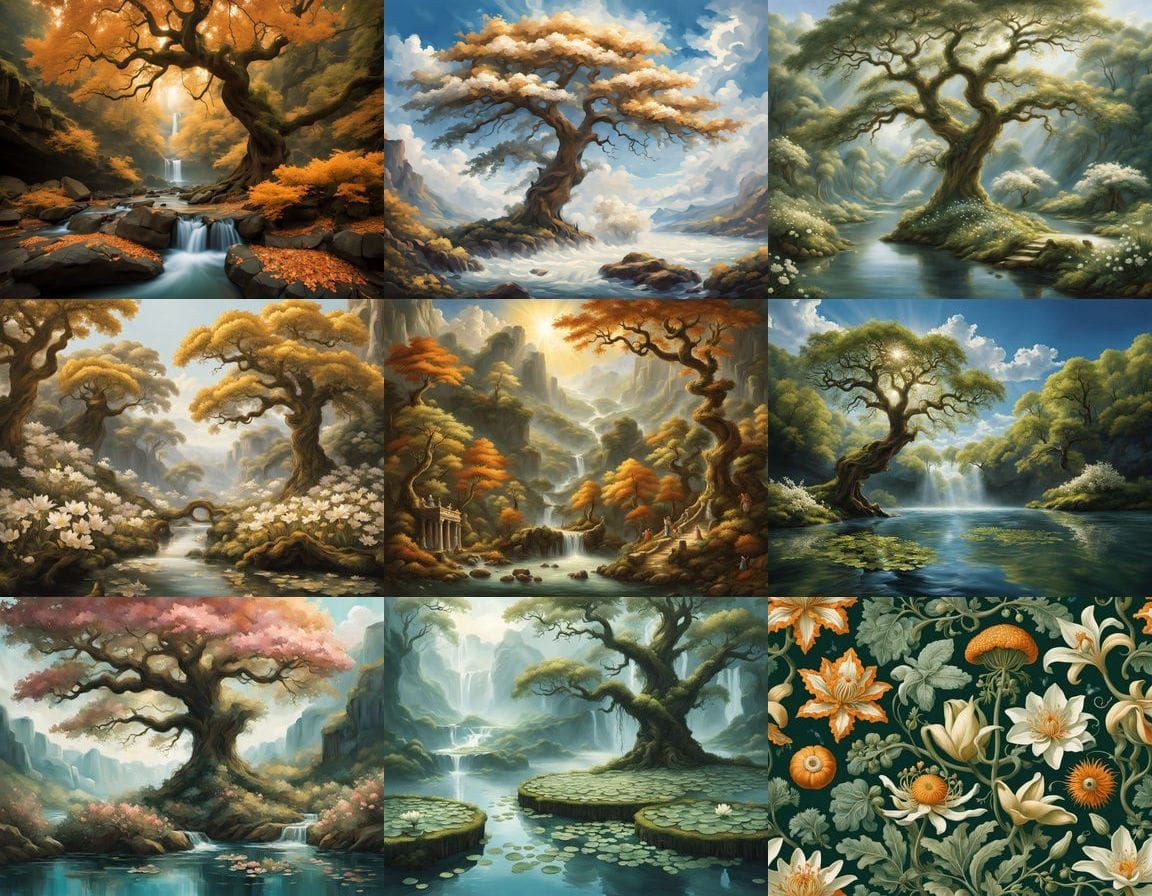 An oak tree falling down a gorge, water on the bottom, lillies all over ...