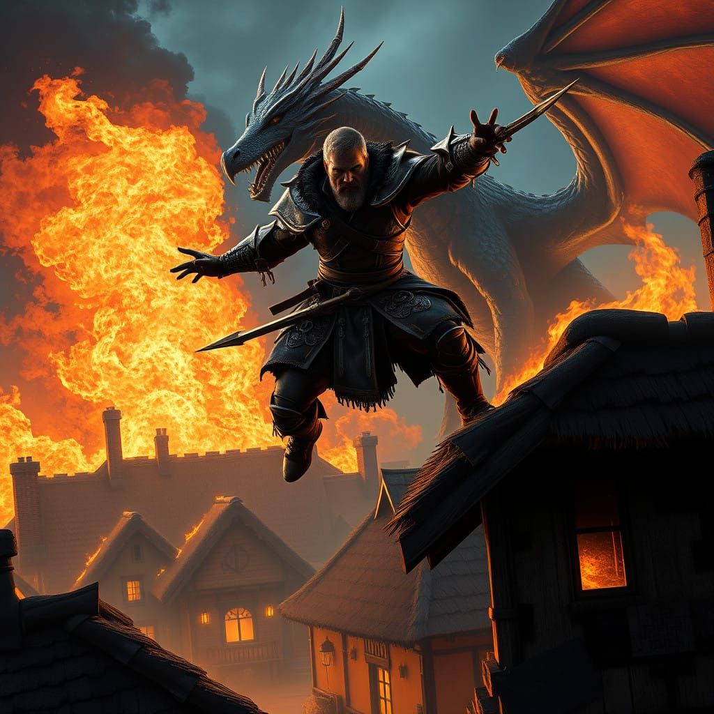 Fierce Soldier Leaps Between Rooftops as Dragon Un... - AI Art