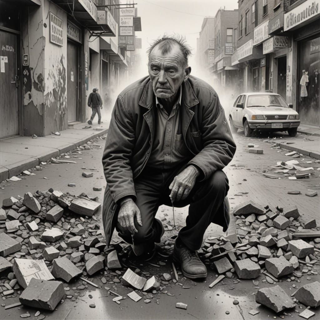 black and white pencil drawing of a man who is dried out and ...