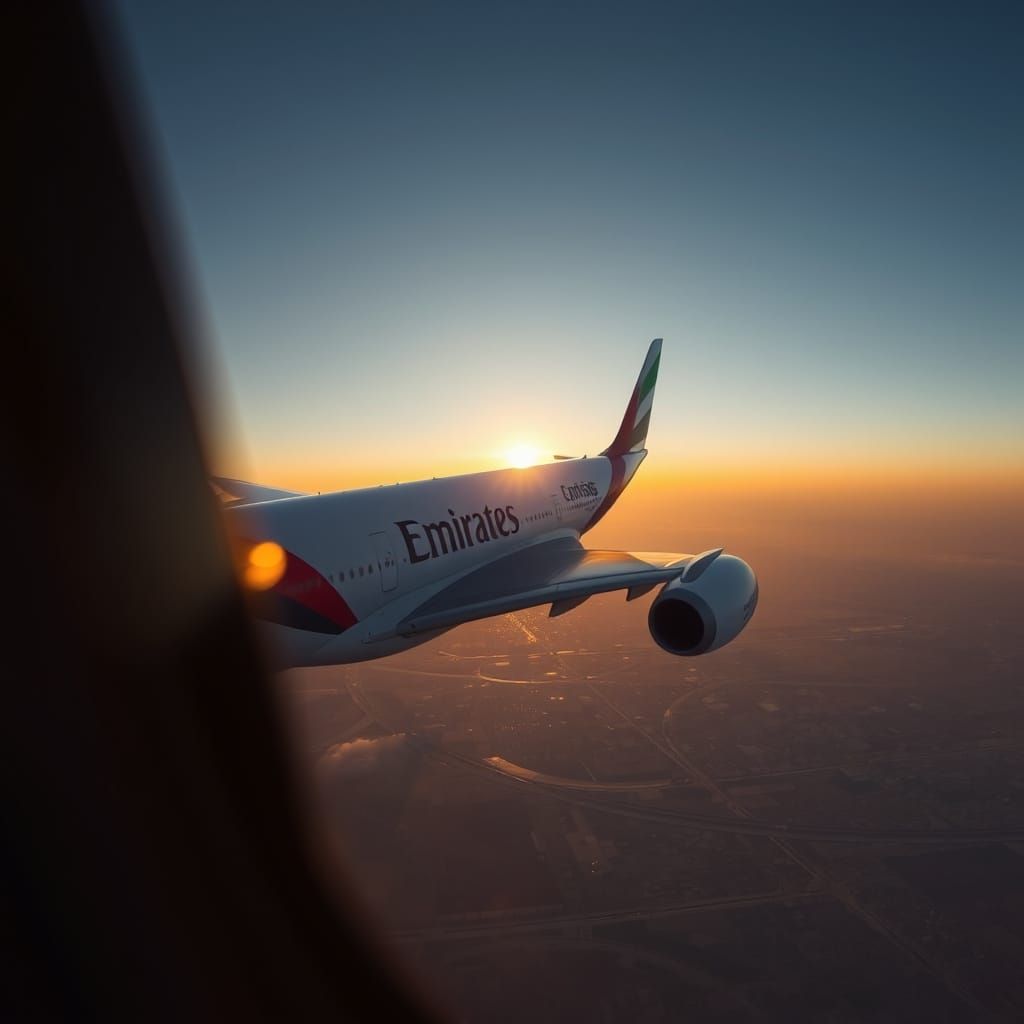 Panoramic Window View of Emirates A380 Over Dubai - AI Art