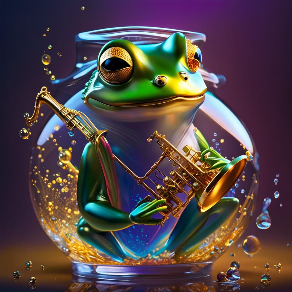 A frog playing a golden saxophone inside a beautiful glass jar ...