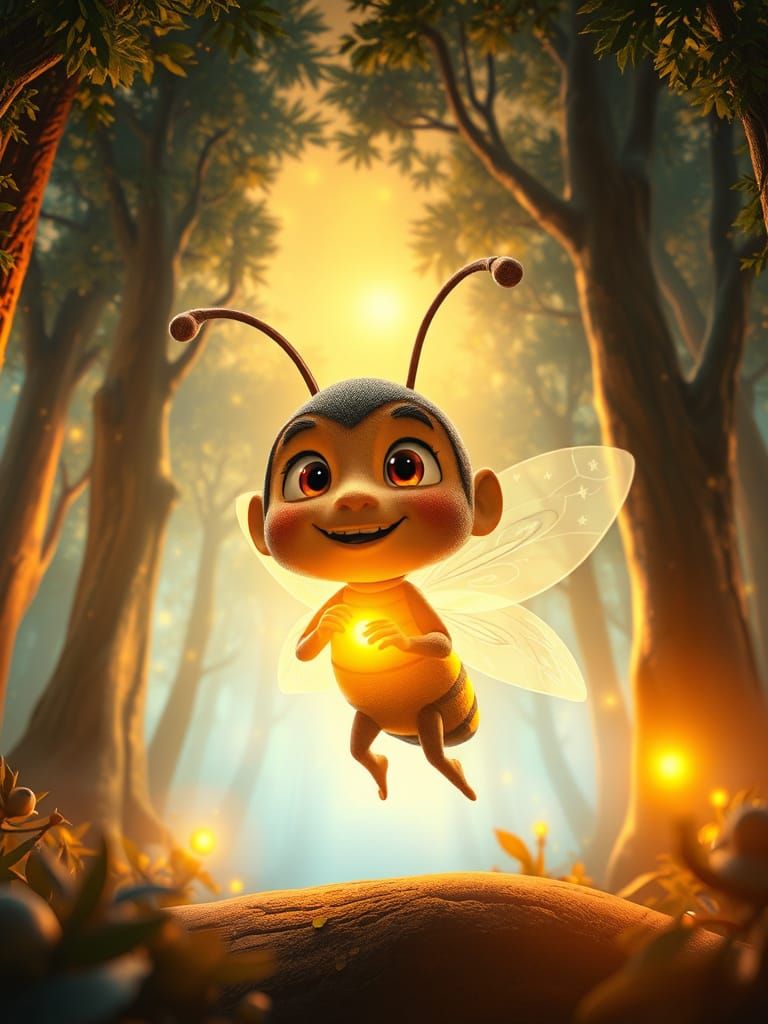 Whimsical Firefly in a Radiant Forest Scene - AI Art