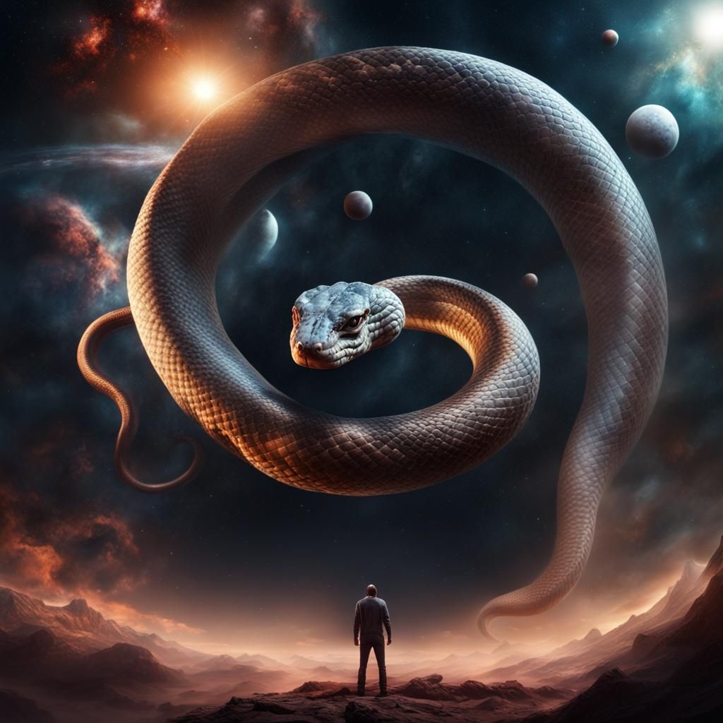 a realistic giant snake in the universe with an aura of planets around ...