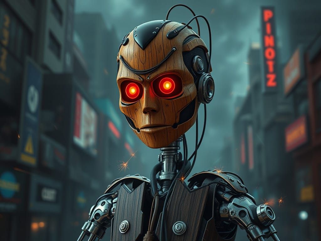 Pinocchio reimagined as a futuristic Terminator: a wooden humanoid with ...