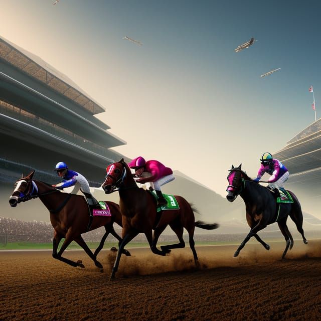 Thoroughbred racehorses galloping down a track at at a racetrack ...