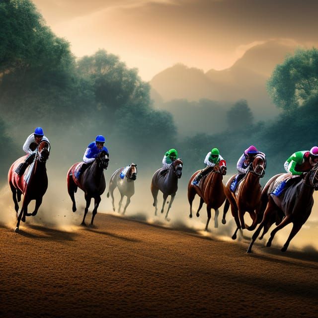 Thoroughbred racehorses galloping down a track at at a racetrack ...