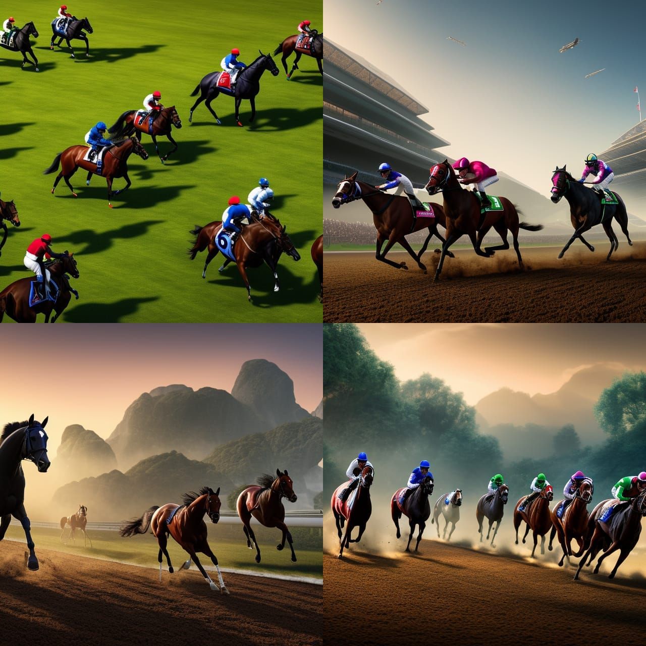 Thoroughbred racehorses galloping down a track at at a racetrack ...