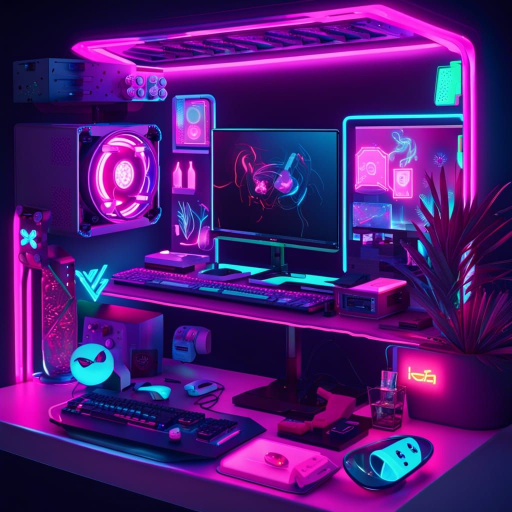 Gaming pc set up. Very neon and full of cute things - AI Generated ...