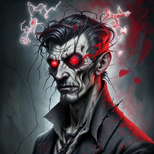 Faded and cracked painting of a sickly man with a distorted face and ...