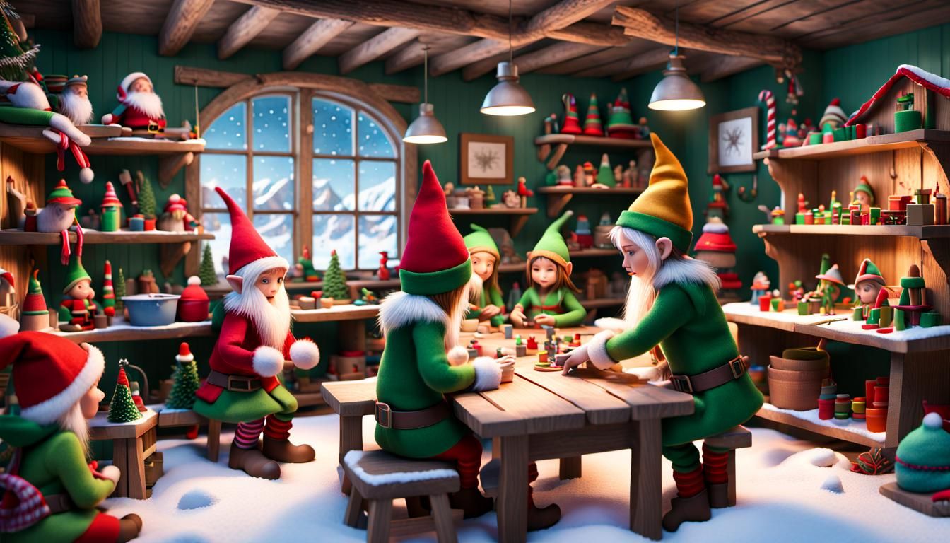 It's a UHD 3D 16k photo-realistic a cozy workshop in the North Pole ...