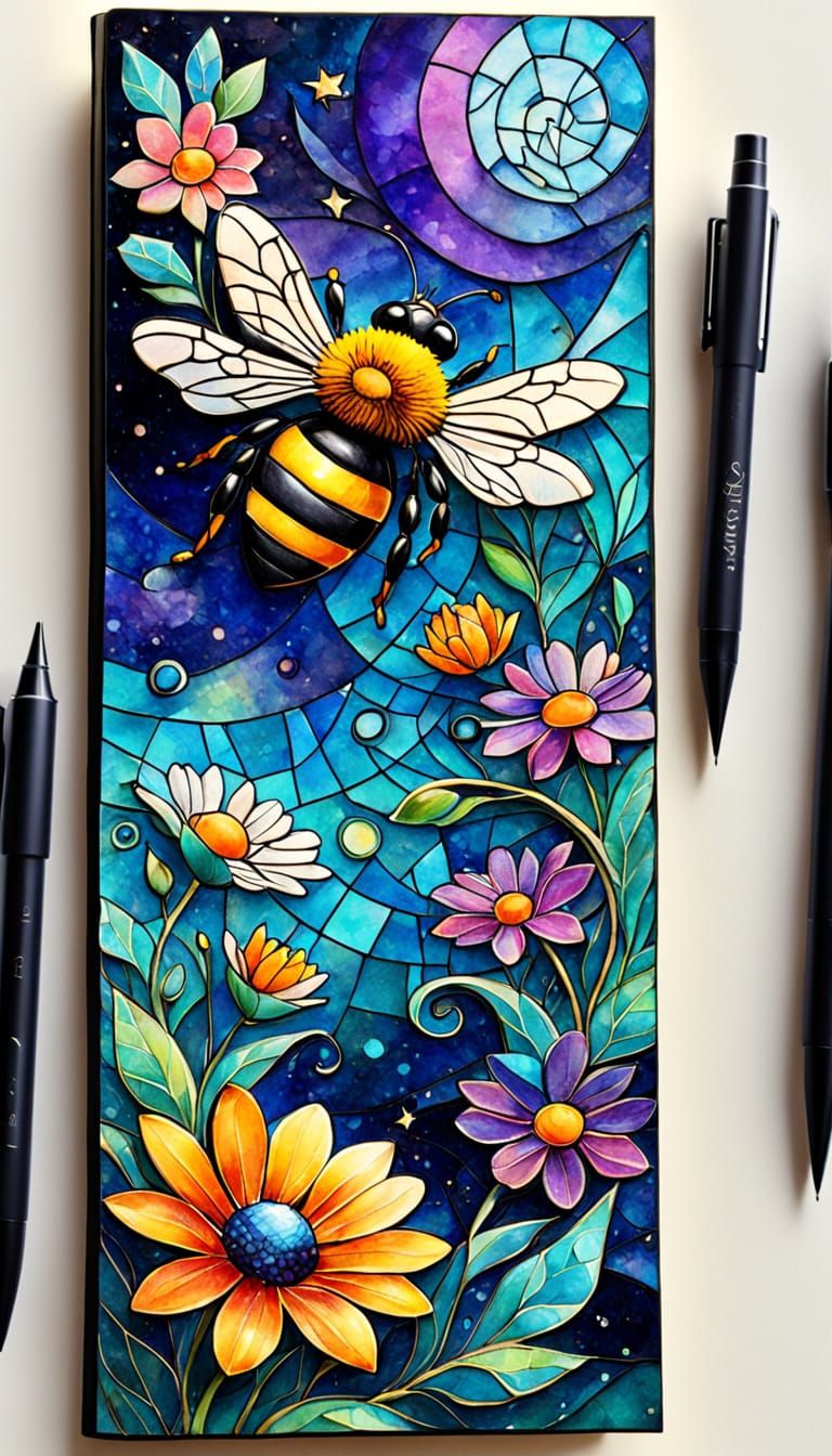Cosmic Watercolor Bookmark with Vibrant Bee and Fl... - AI Art
