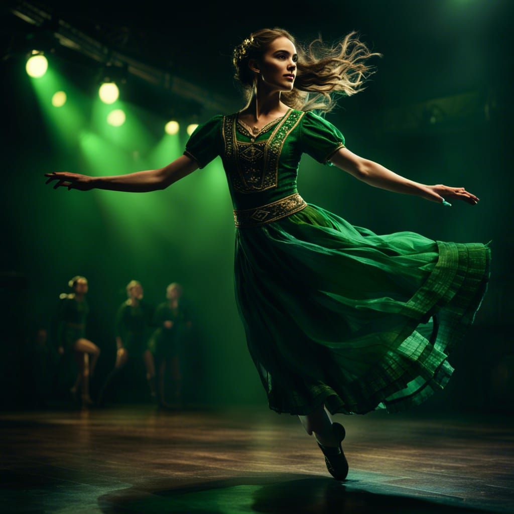 Beautiful Irish female dancer in a traditional green outfit dancing a ...