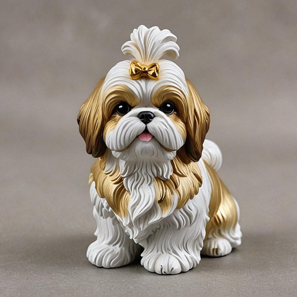 A white and gold colored Shih Tzu Figurine no black color - AI Generated Artwork - NightCafe Creator
