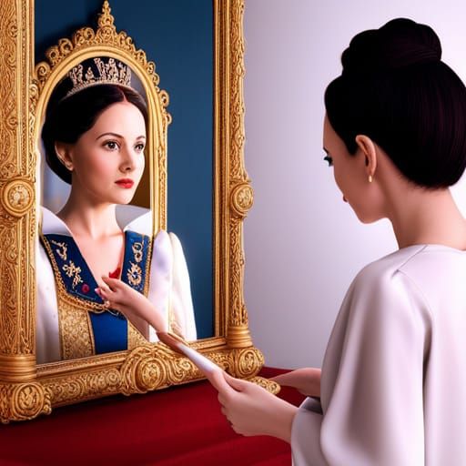 Magic mirror showing the reflection of young snow white to the queen ...