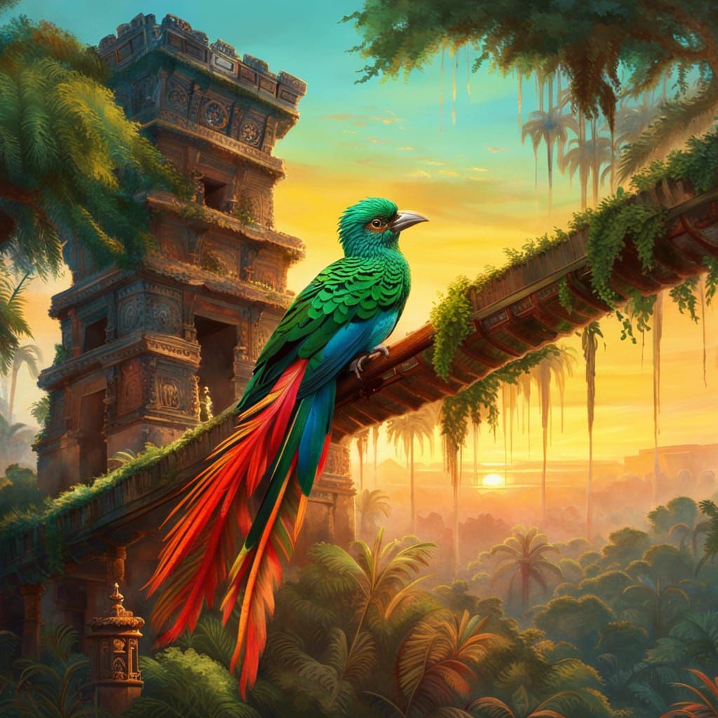 Quetzal perched near a ruin of an aztec temple - AI Generated Artwork ...