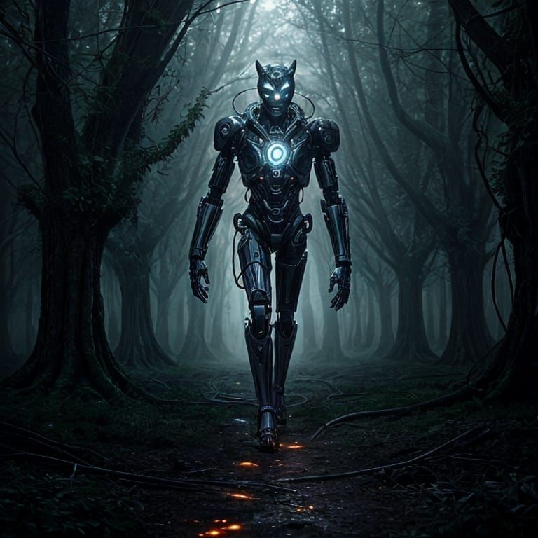 Cyborg Tree Forest at Night in Cyberpunk Style - AI Art