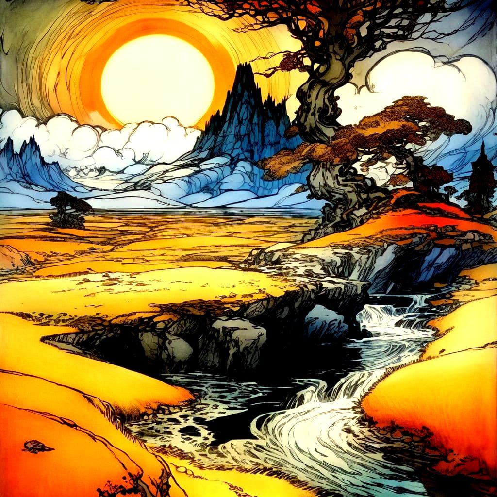 Fantastical landscape, intense color, by Arthur Rackham